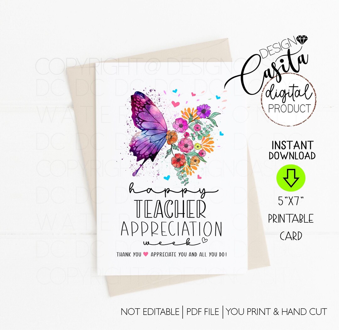 Teacher Appreciation Week Printable 5x7 Folded Greeting Card,butterfly ...