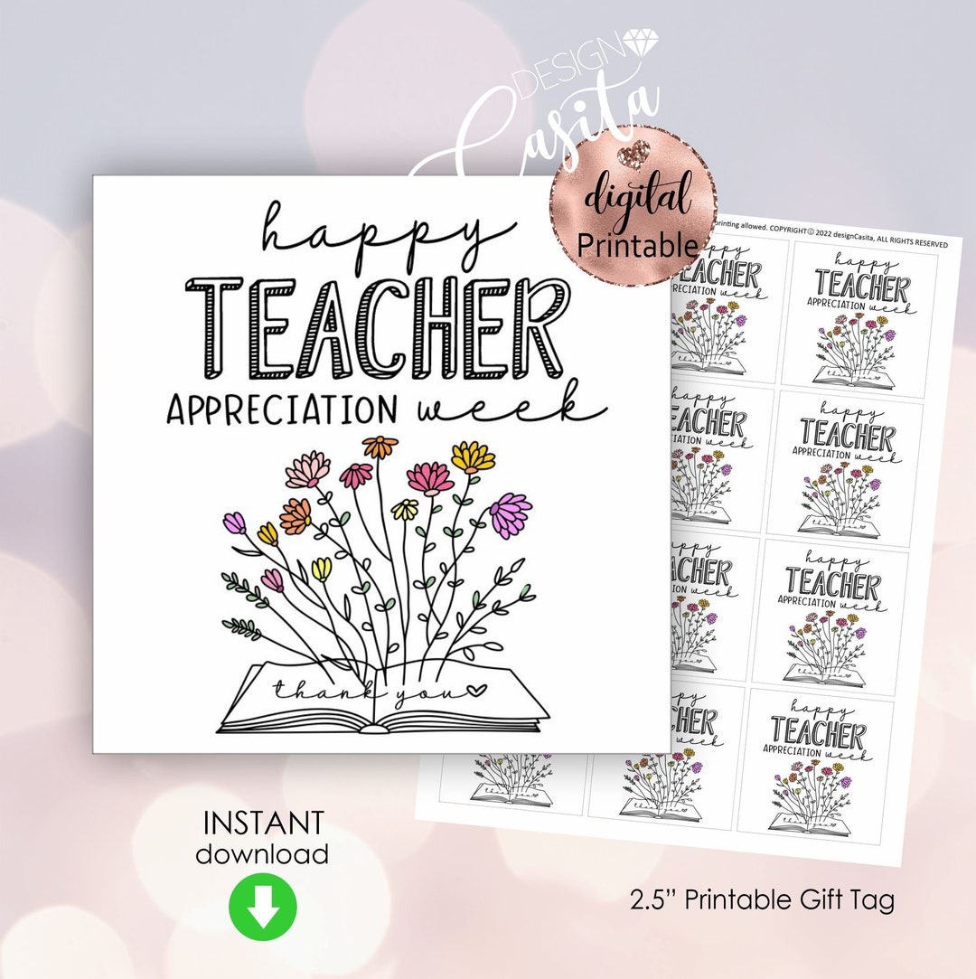 Teacher Appreciation Week Printable Favor Gift Tag,flower Book Thank ...