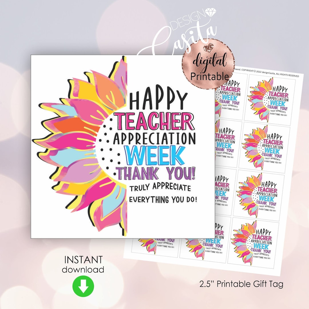 Teacher Appreciation Week Printable Favor Gift Tag,70's Retro Sunflower ...
