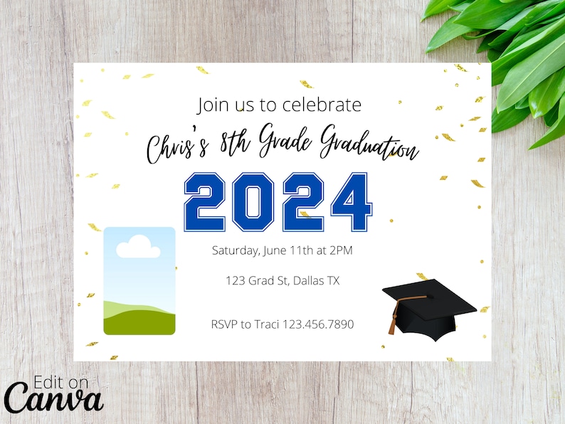 8th Grade Graduation Invitation | Photo Template, Editable Canva ...