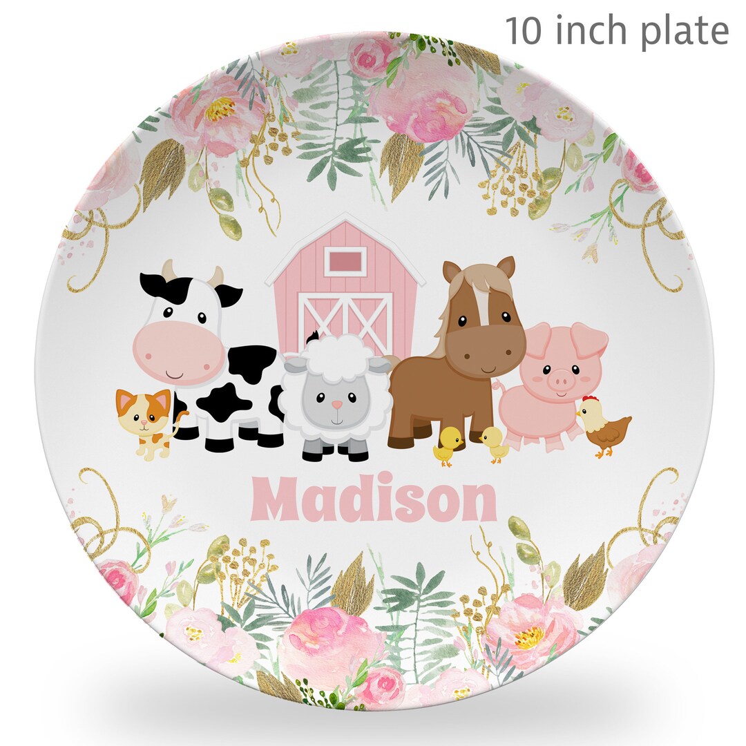 Girl Barnyard Animals Plate, Mug, Placemat, Bowl, Farm Animals Pink and ...