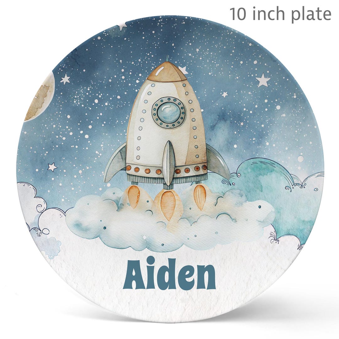 Personalized Rocket Plate Set With Name in Blue: Space Dinnerware Gift ...