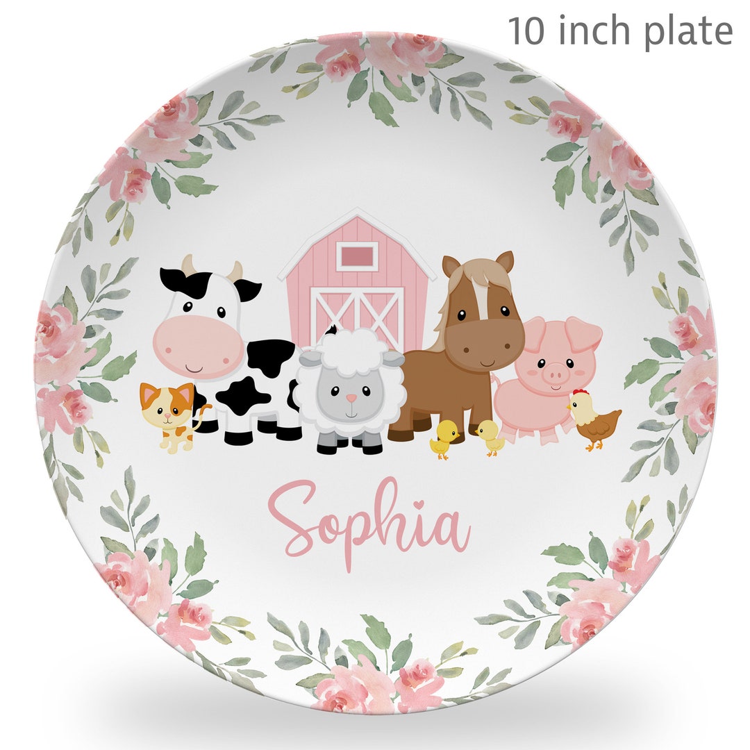 Farm Animals Plate Pink Flowers Girls's Plate or Farm Animals Floral ...