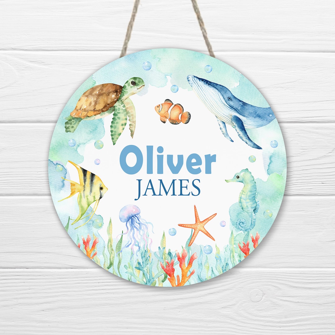 Ocean Animals Name Sign, Wood Name Sign, Round Wooden Name Sign ...