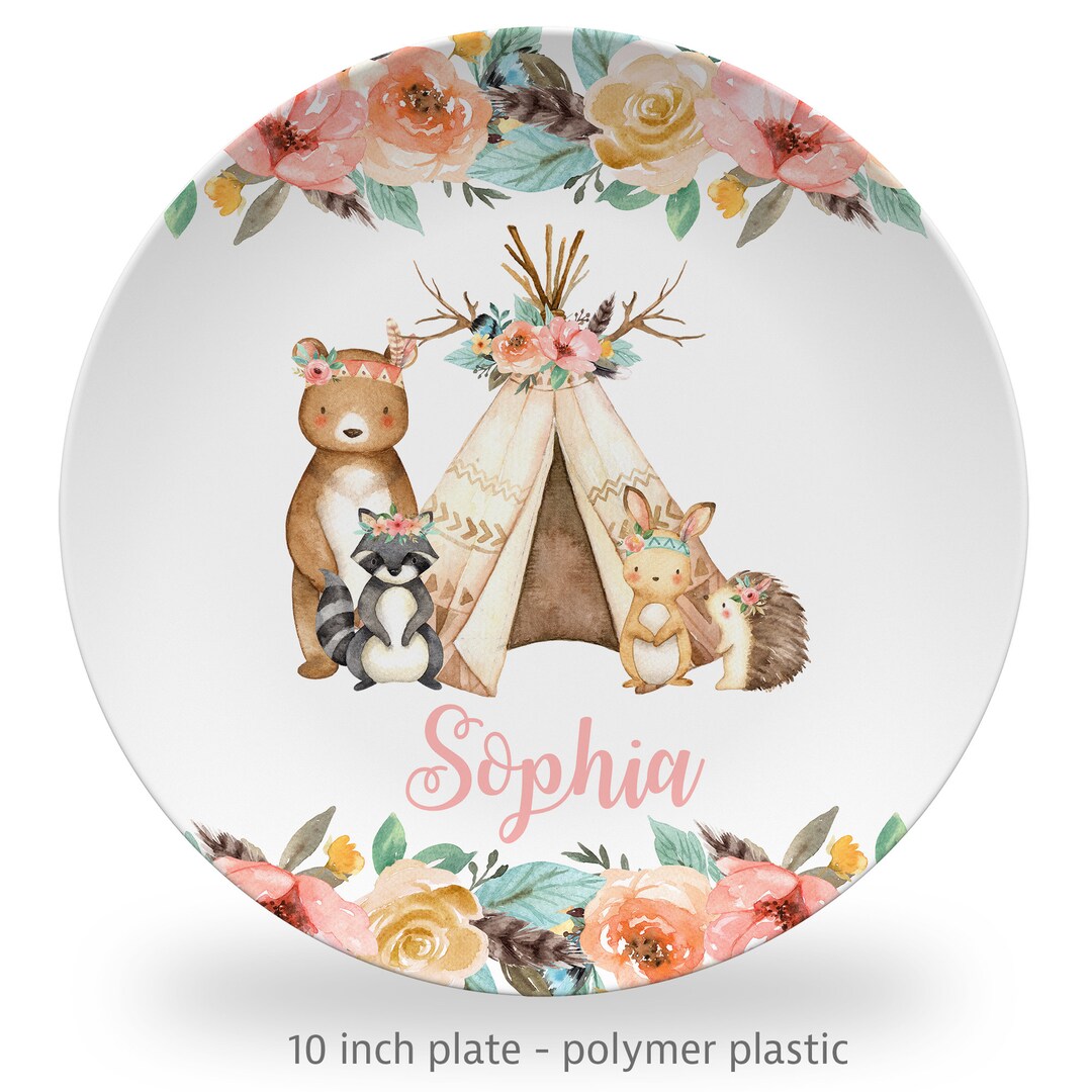 Forest Animals Boho Chic Floral Keepsake Plastic Plate Flowers Woodland ...