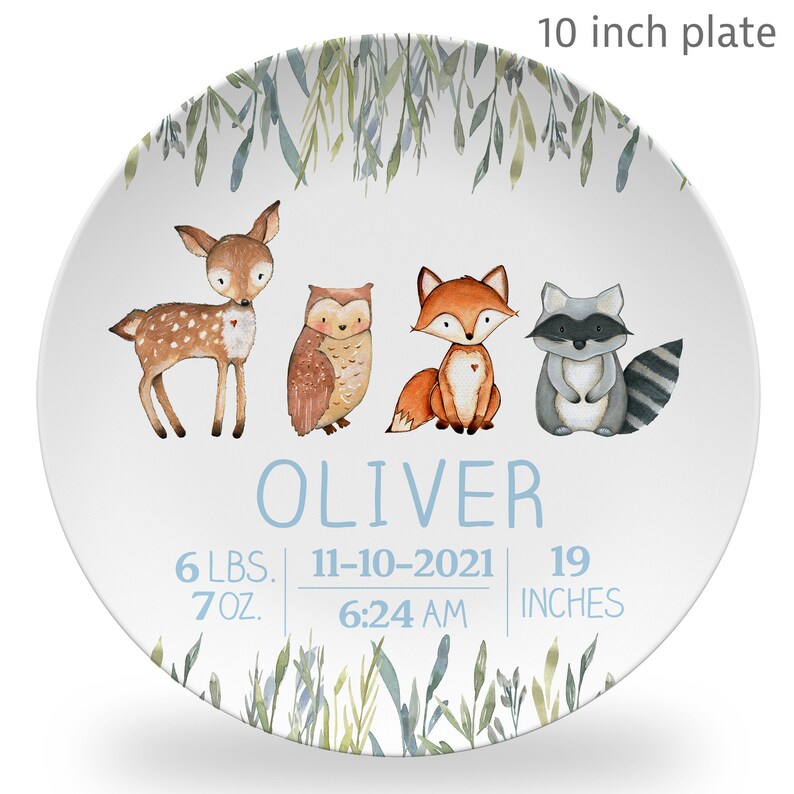 Woodland Animals Baby Birth Stats Plate Personalized Baby - Etsy