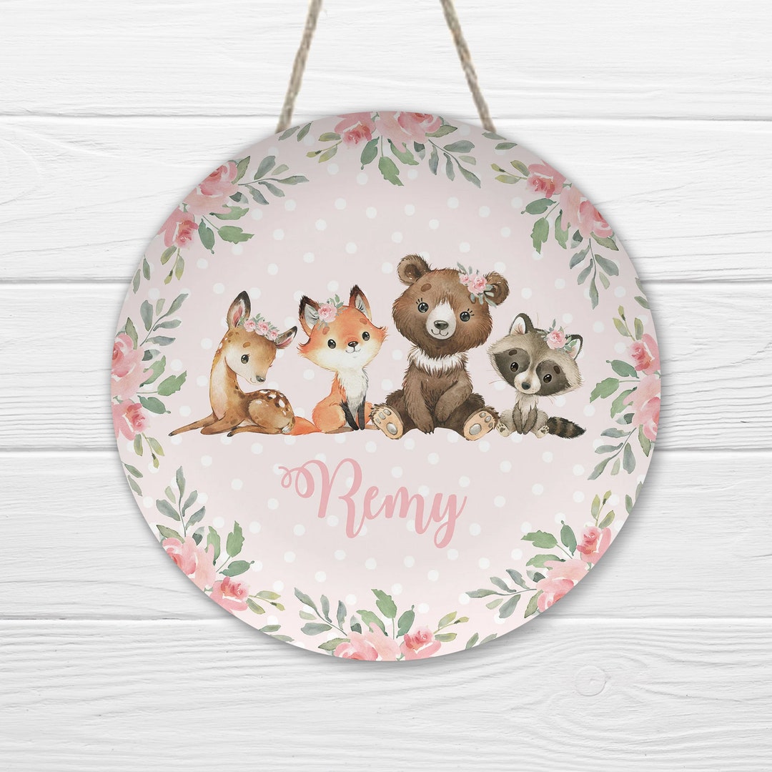 Woodland Animals Name Sign, Forest Animals Wood Name Sign, Round Wooden ...