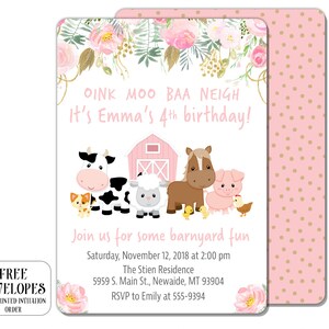 Farm Animals Birthday Invitation, Girl, Flowers, Pink, Any Age, Oink ...