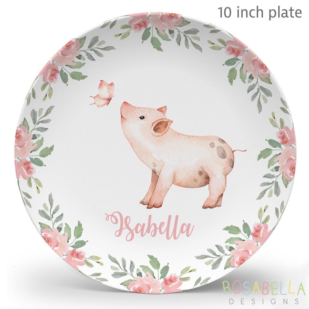 Personalized Pig Plate Set, Pink Floral Border, Baby Gift - Etsy