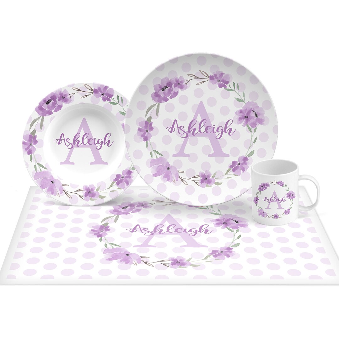 Personalized Name and Initial Plate Set, Purple Flowers Plate, Bowl ...