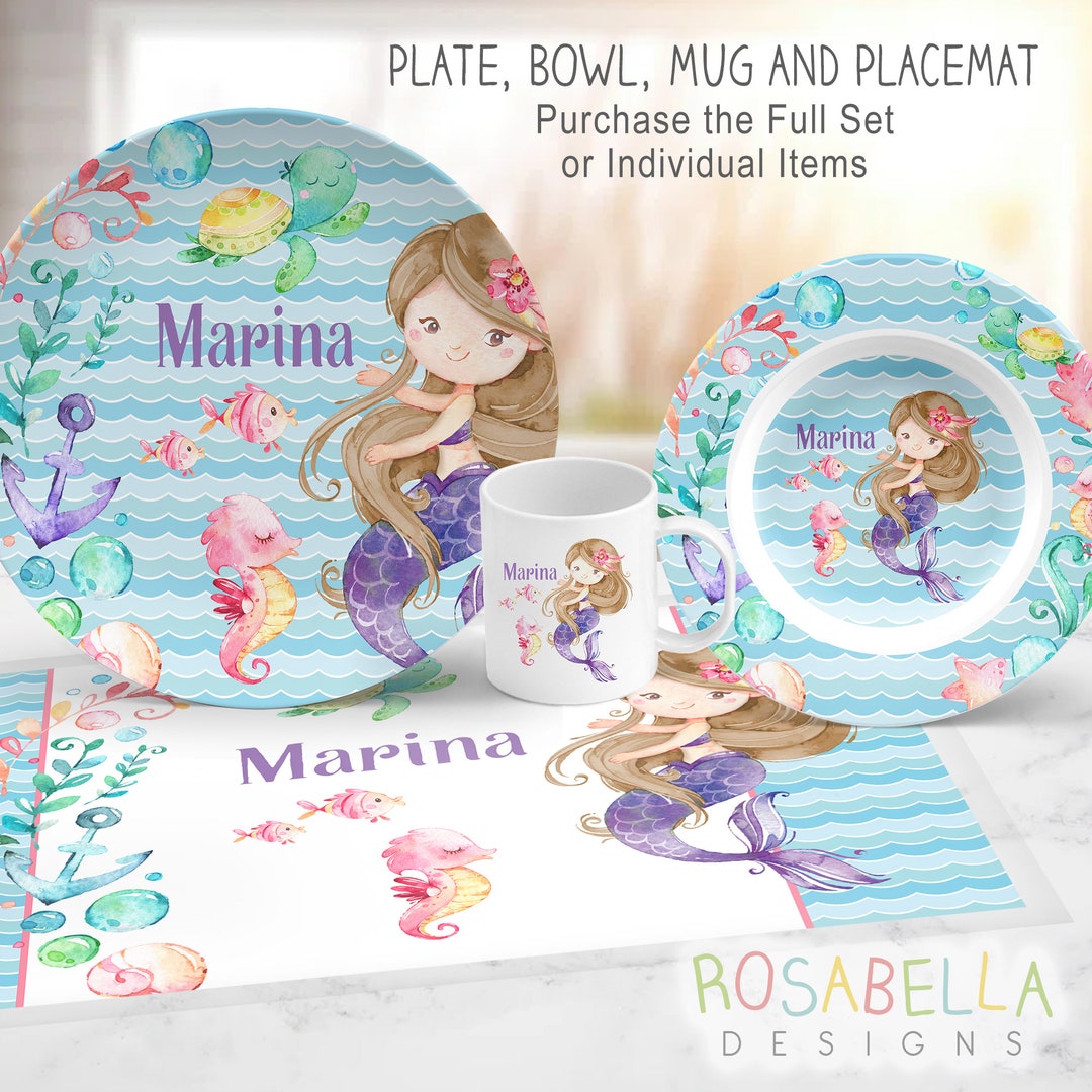 Mermaid Sea Animals Plate Set Personalized With Child's Name Girl Gift ...