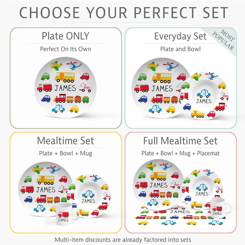 Personalized Boys Plate Set: Transportation Cars, Trucks, Train & Plane ...