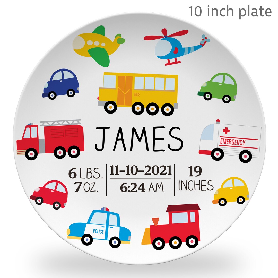 Baby Birth Stats Plate With Vehicles, Cars, Fire Engine, Train, Bus ...
