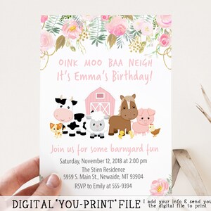 Farm Animals Birthday Invitation for Girl With Flowers Pink - Oink, Moo ...
