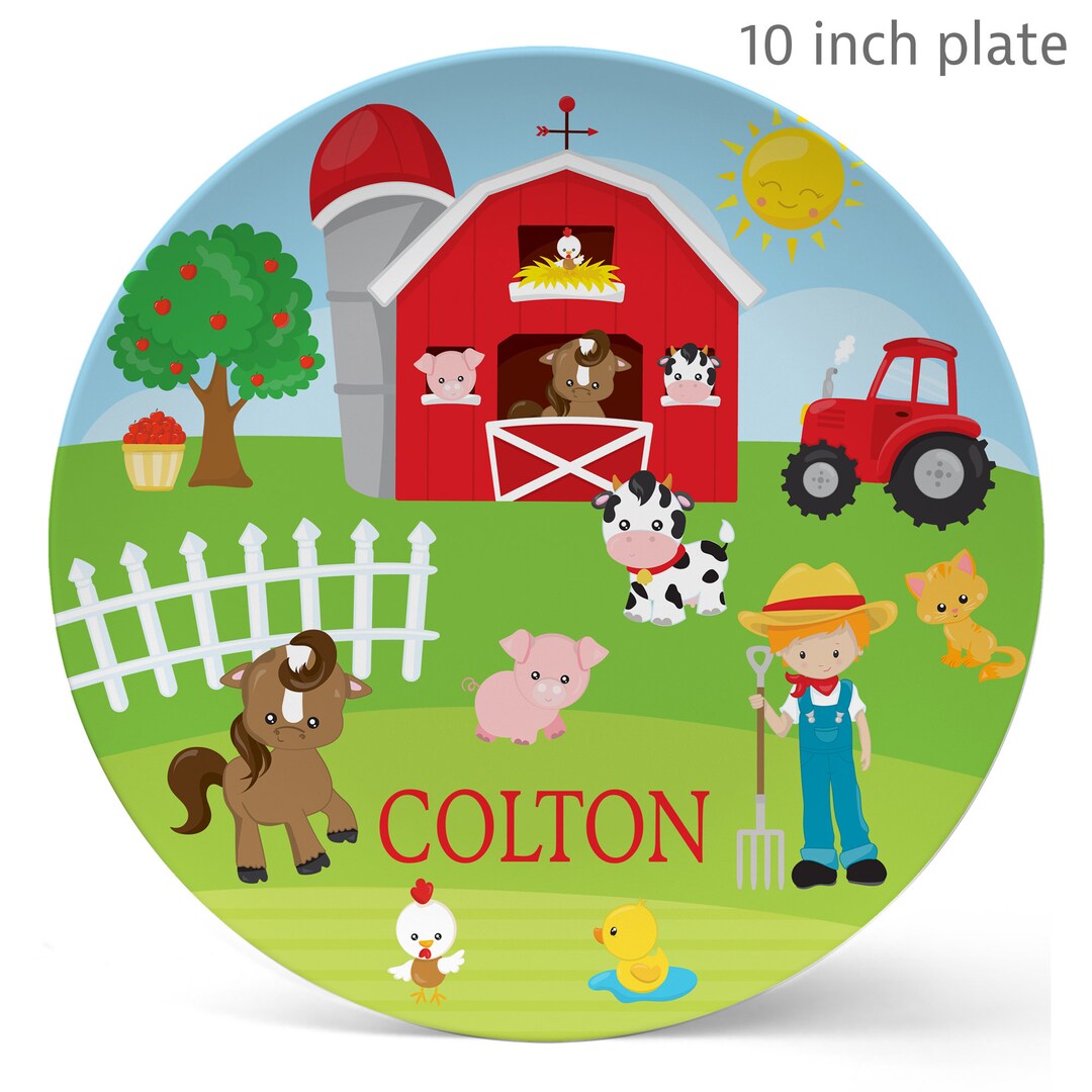 Farm Animals Plate, Farm Animals, Tractor, Red Hair Farmer, Kid's Plate ...