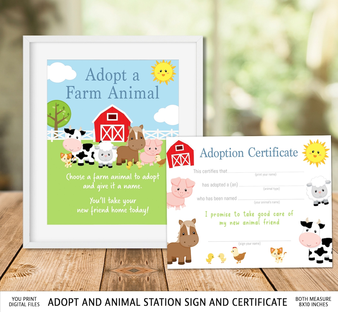 Farm Animal Adoption Sign and Certificate, Barnyard Birthday Party ...