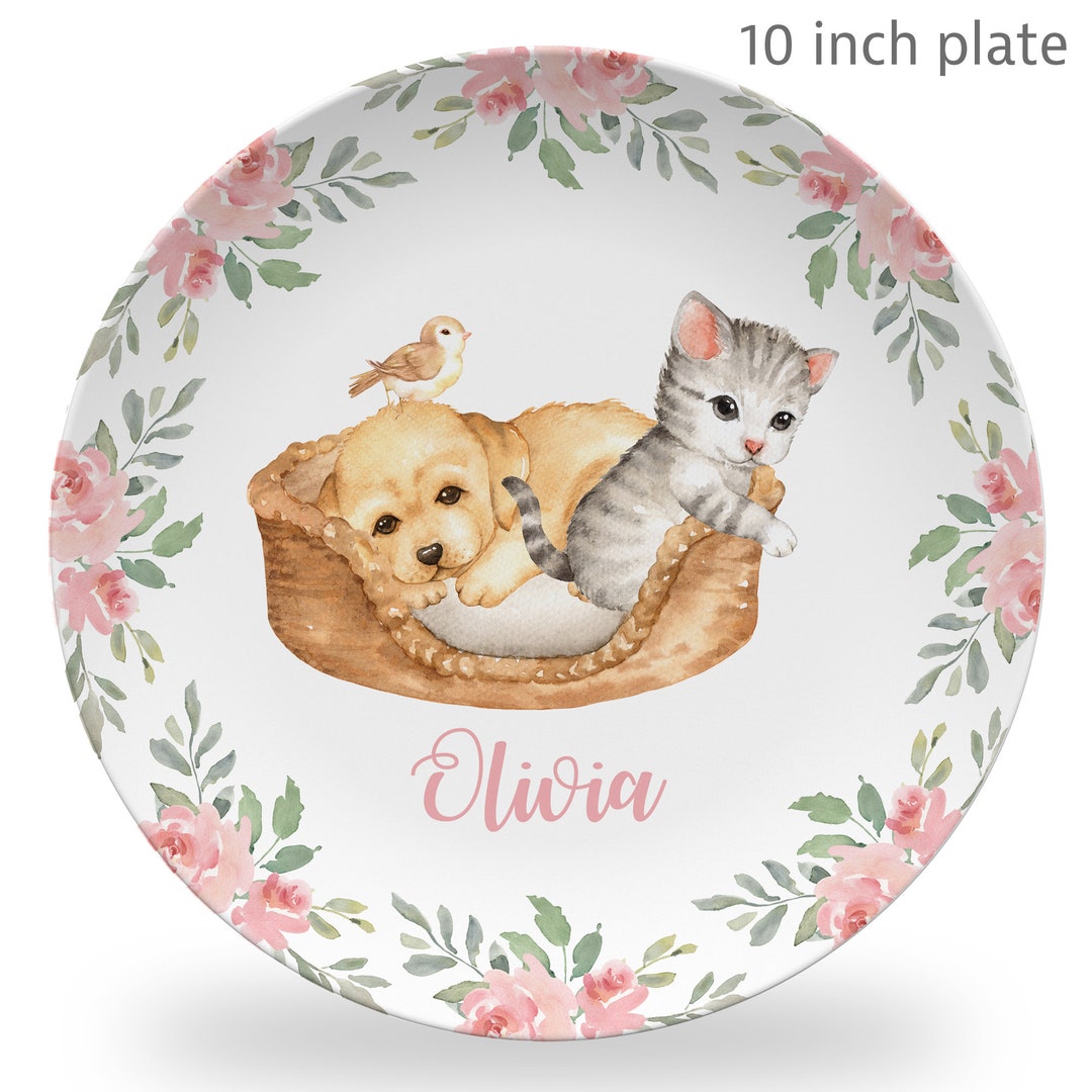 Pets Floral Plate Set Personalized With Child's Name, Watercolor, Puppy ...