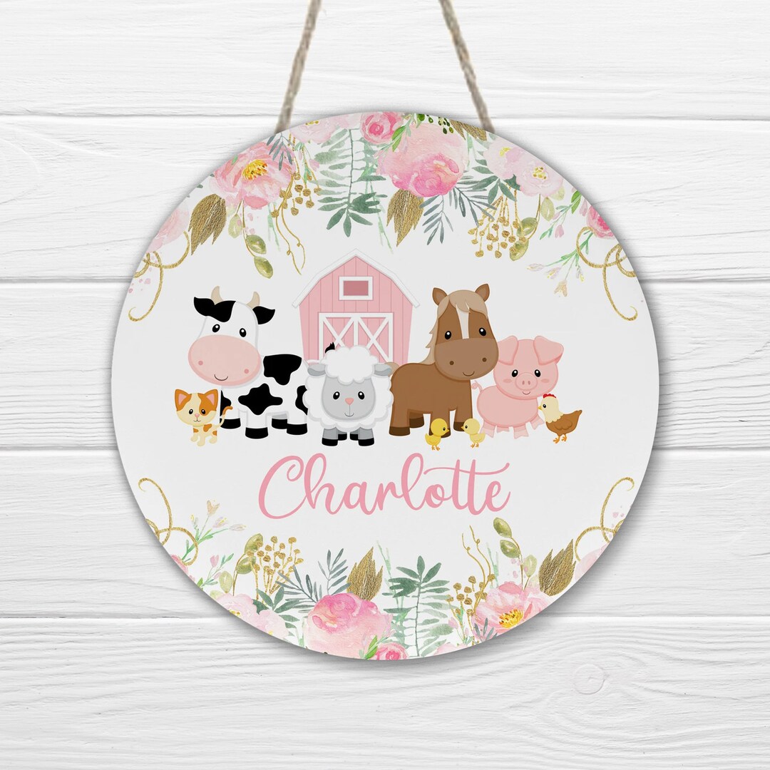 Girl Farm Animals Name Sign, Barnyard Animals Wood Name Sign in Pink ...