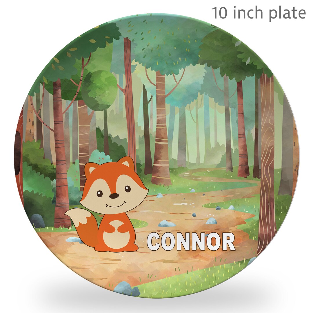 Fox Plate or Plate Set, Forest Background, Trees, Personalized, Child's ...