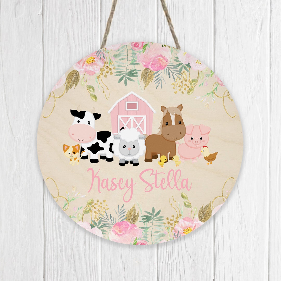 Girl Farm Animals Name Sign, Barnyard Animals Wood Name Sign in Pink ...