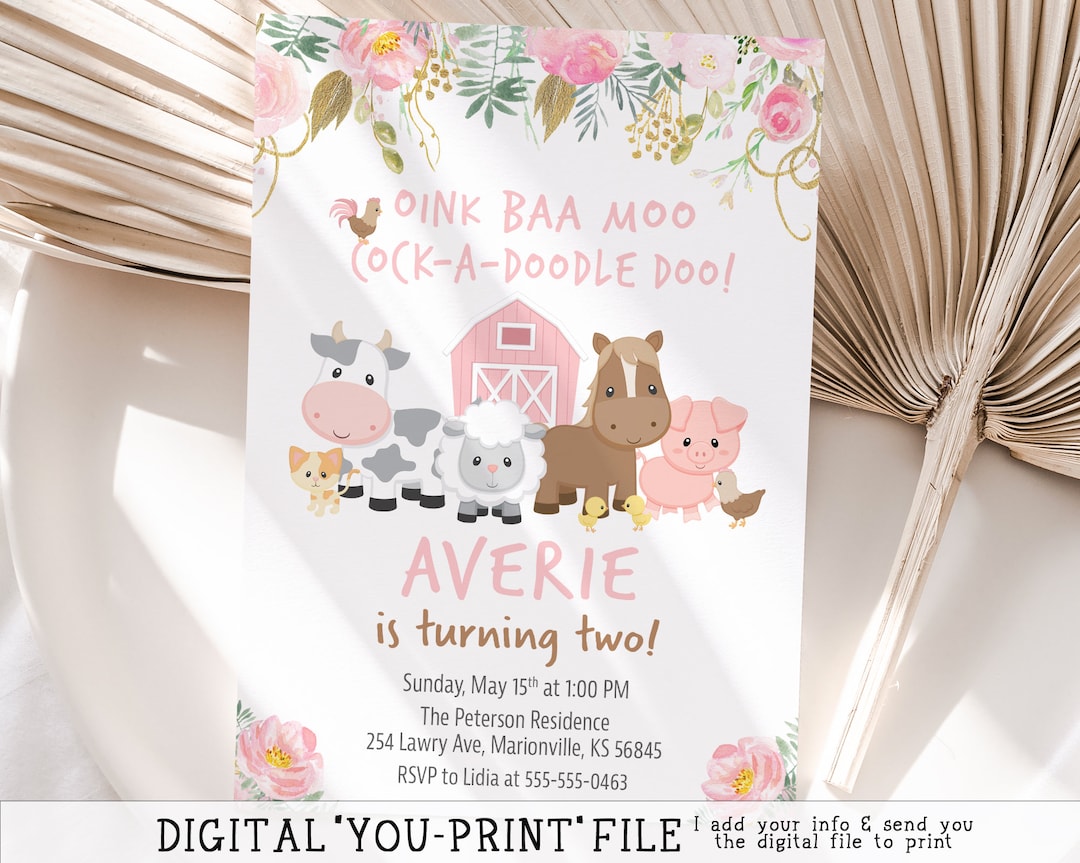 Oink Baa Moo Cock-a-doodle Doo Invitation, Turning Two Farm Animals ...