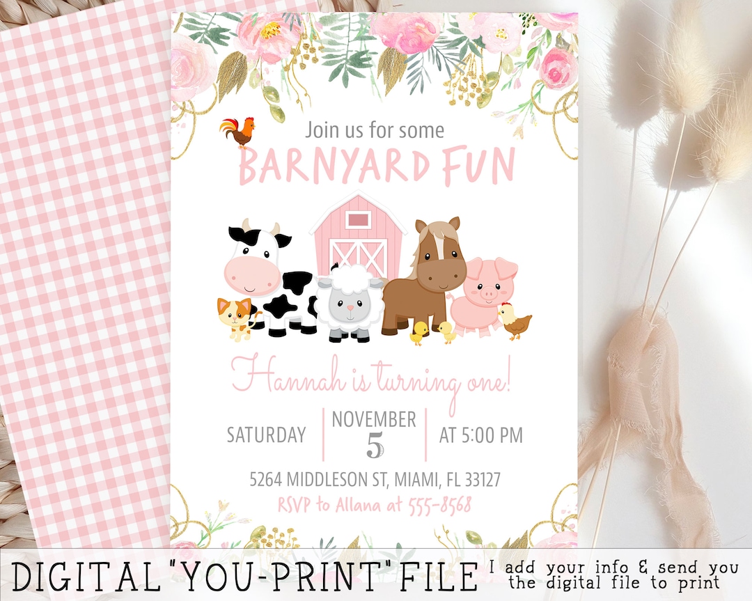 Barnyard Fun Birthday Invitation Digital "you-print" File, Turning One ...