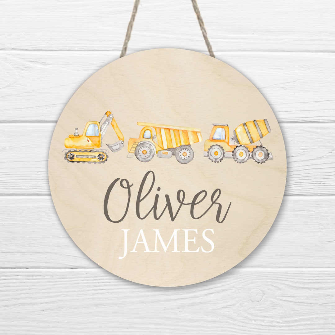 Construction Name Sign, Construction Vehicles Wood Name Sign, Round ...