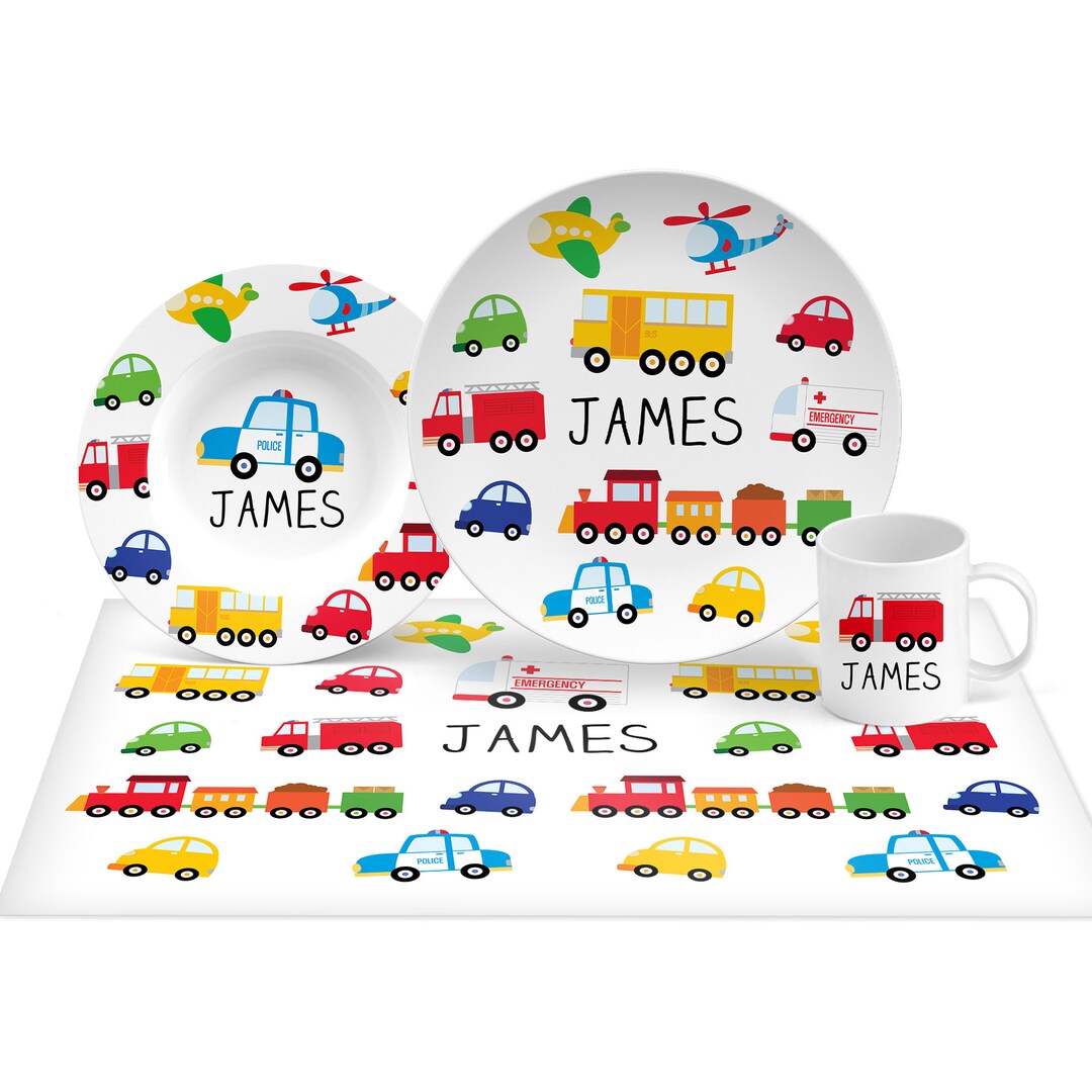 Vehicles Plate Personalized Kids Cars Plate With Cars, Bus, Police Car ...