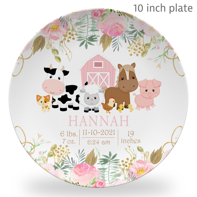 Farm Animals Birth Stats Plate Girl Barnyard Animals - Etsy