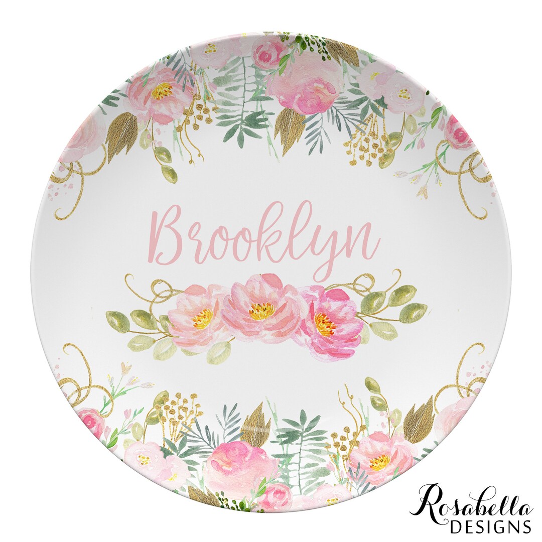 Flowers Kids Plate With Pink and Gold Floral Design, Keepsake or Daily ...