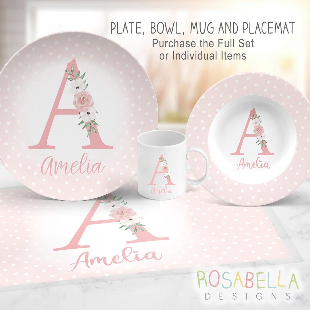 Letter Plate Set, Name Initial Pink Flowers, Personalized Tableware ...