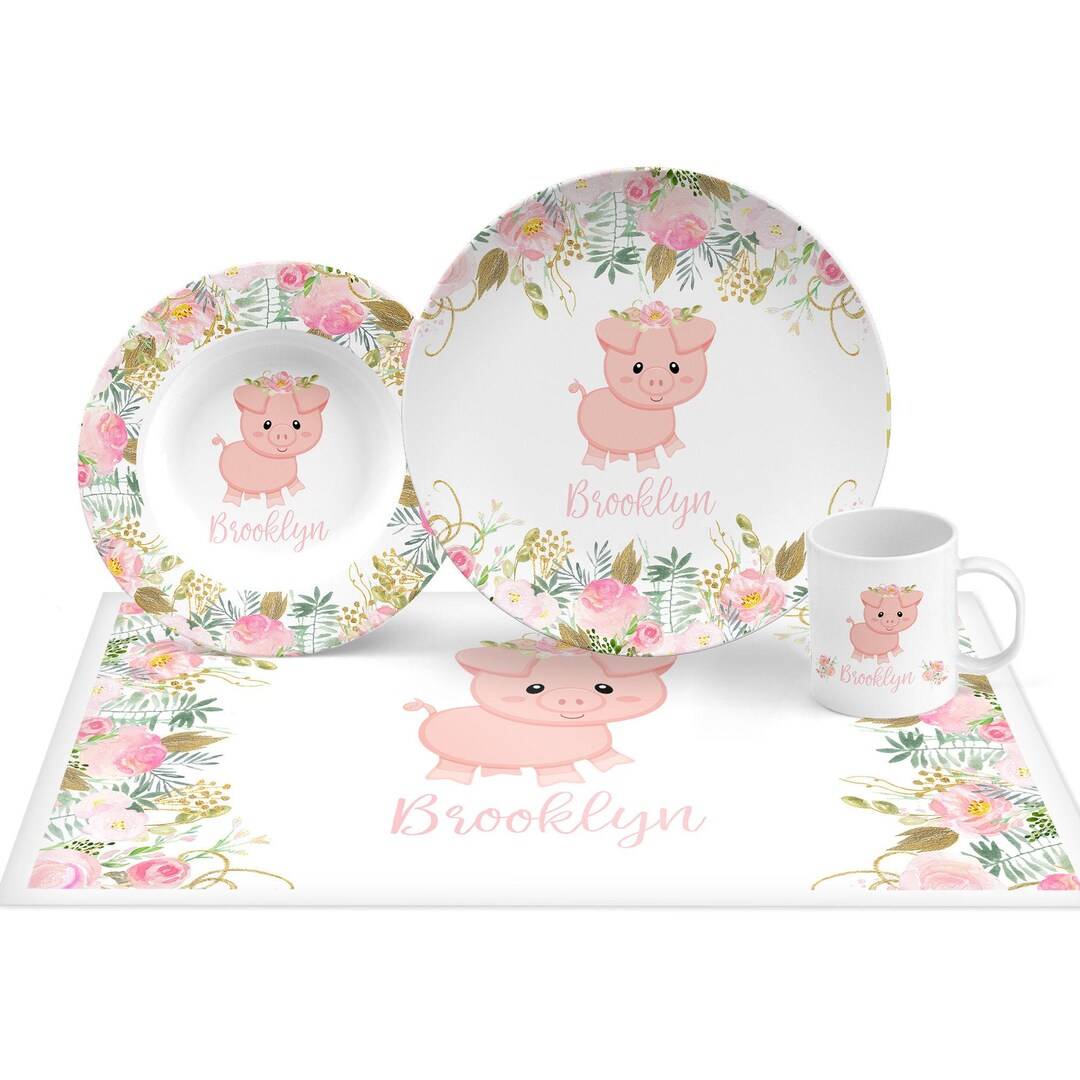 Personalized Pig Plate Set (choose Pieces): Pink Floral Polymer Plastic ...