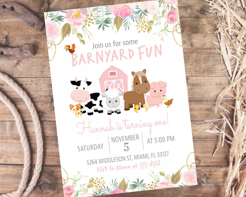 Barnyard Fun Birthday Invitation Digital "you-print" File, Turning One ...