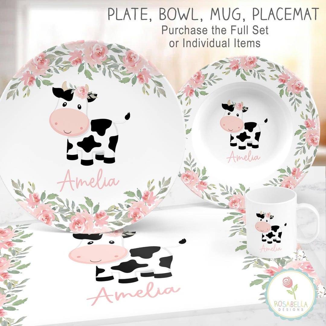 Personalized Cow Dinnerware: Pink Flowers Farm Animal Plate Bowl ...