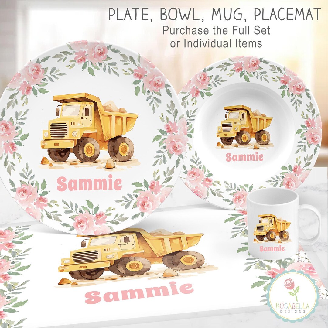 Personalized Girl Dump Truck Plate Set: Pink Flowers Construction Theme ...