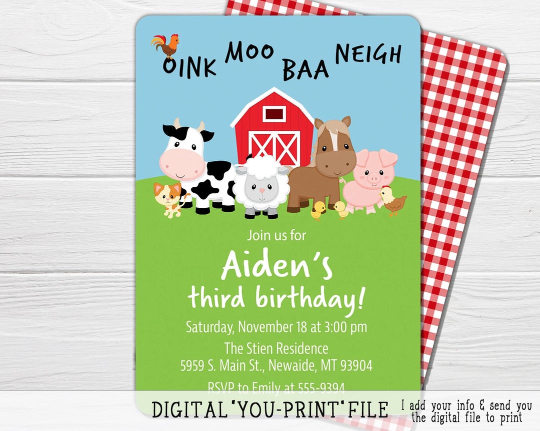 Oink Moo Baa Neigh Farm Animals Birthday Invitation for Any Age Boy or ...