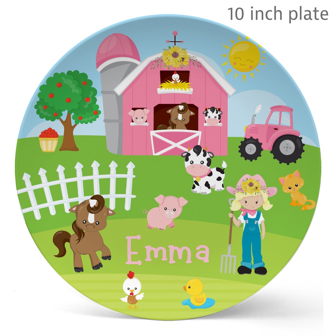 Farm Animals Plate, Farm Animals, Tractor, Blond Hair Girl Farmer ...