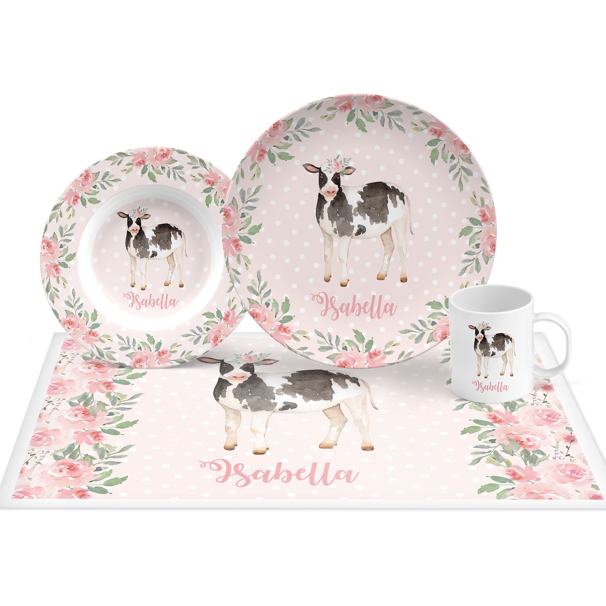 Girl Cow Plate Set Personalized Plate cow with flowers girl | Etsy