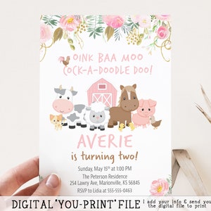 Oink Baa Moo Cock-a-doodle Doo Invitation, Turning Two Farm Animals ...