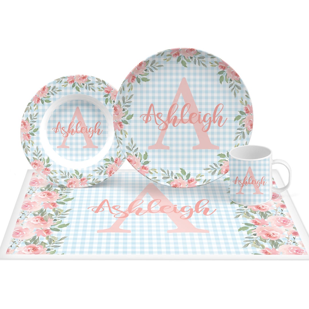 Personalized Girl Monogram Plate With Pink Flowers Name and Initial ...