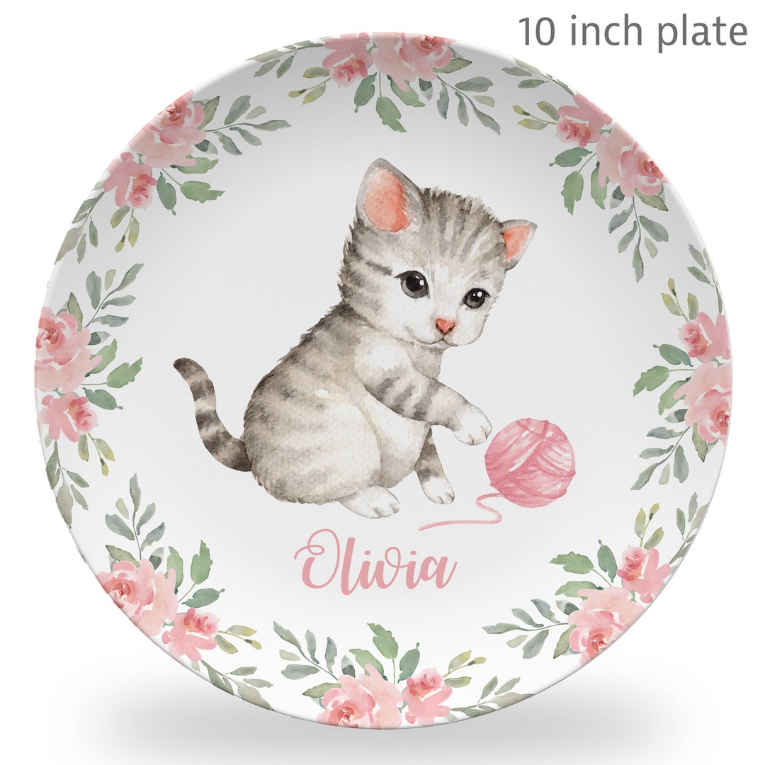 Cat Kitten Floral Plate Set Personalized With Child's - Etsy