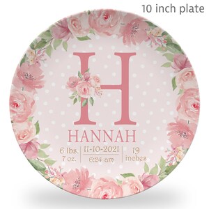 Girl Baby Birth Stats Plate, Flowers, Name and Initial, Personalized ...