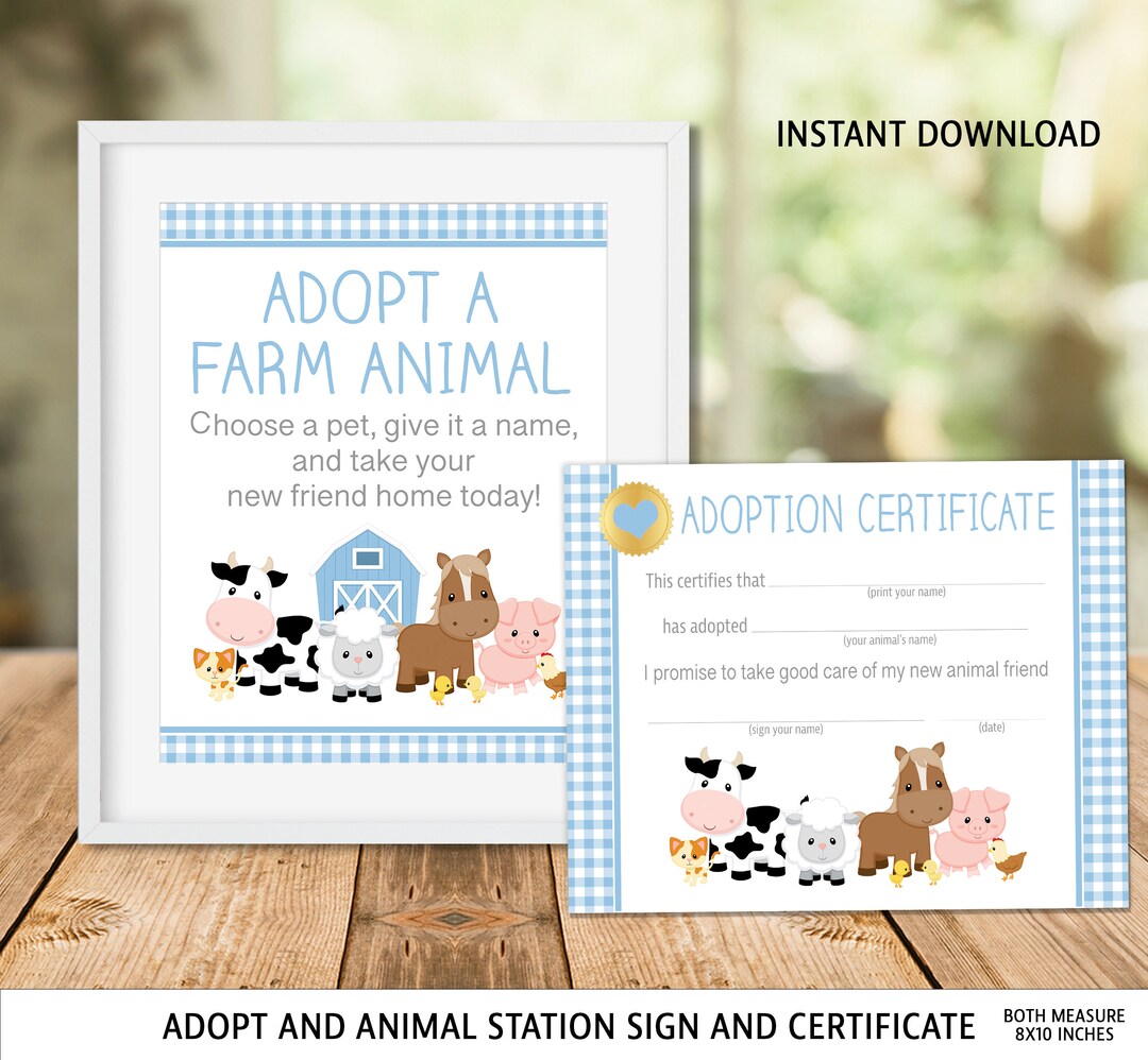 Farm Animal Adoption Sign & Certificate: Party Activity Barnyard ...