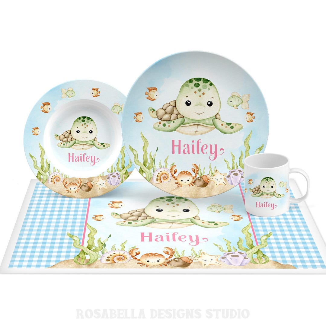 Turtle Plate or Plate Set Pink Girl, Personalized Cute Turtle Gift With ...