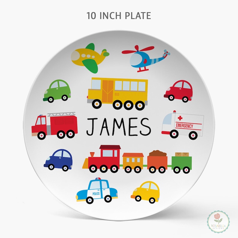 Personalized Boys Plate Set: Transportation Cars, Trucks, Train & Plane ...