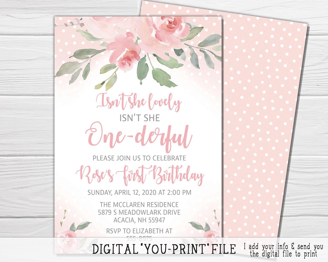 Girl First Birthday Invitation for Girl With Pink Flowers Onederful ...