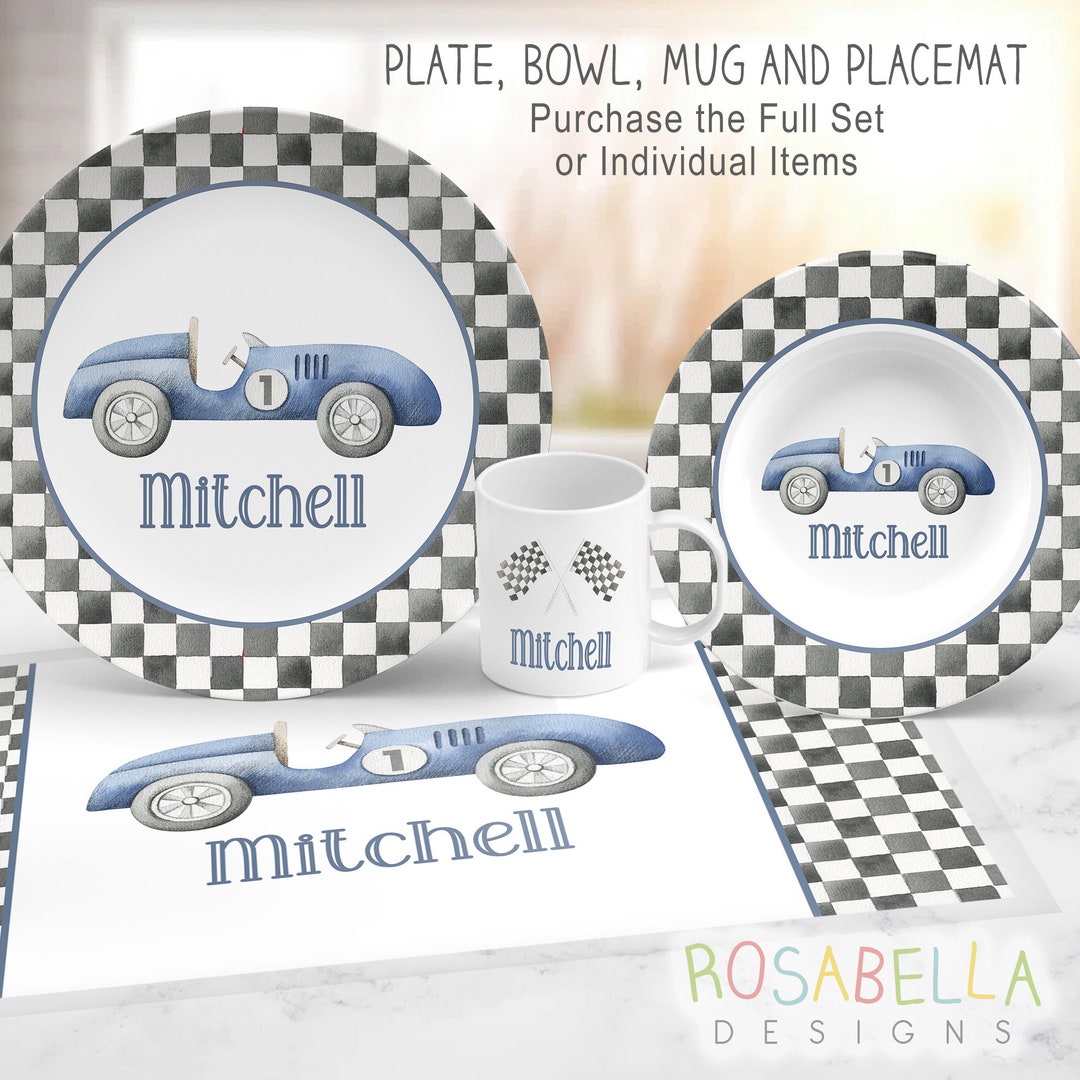 Vintage Racecar Plate Set, Personalized Plastic, Blue Race Car Plate ...