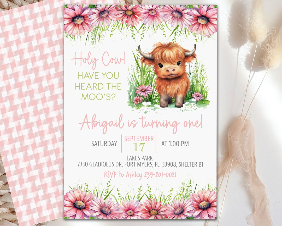 Highland Cow Birthday Invitation for Girl With Flowers, Holy Cow, Heard ...