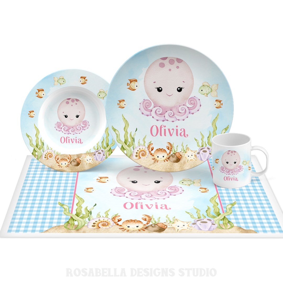 Cute Octopus Plate or Plate Set Pink Girl, Personalized Ocean Animal ...