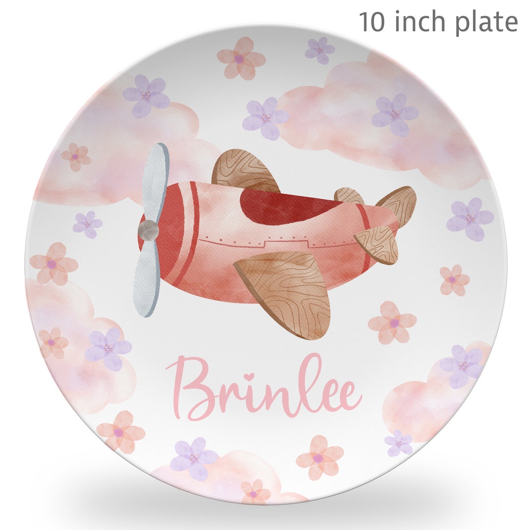 Airplane Plate Girl Pink Personalized Plane Plate With Name Flowers ...